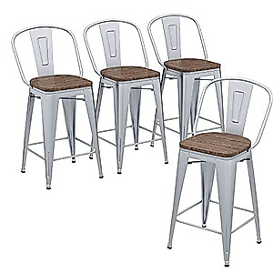 Andeworld Metal Bar Stools Counter Height Stools Dining Chairs High Back Industrial Barstools Set of 4 (30inch,Silver)