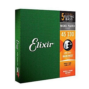 Elixir Strings Nickel Plated Steel 5-String Bass Strings w NANOWEB Coating, Long Scale, Light (.045-.130)