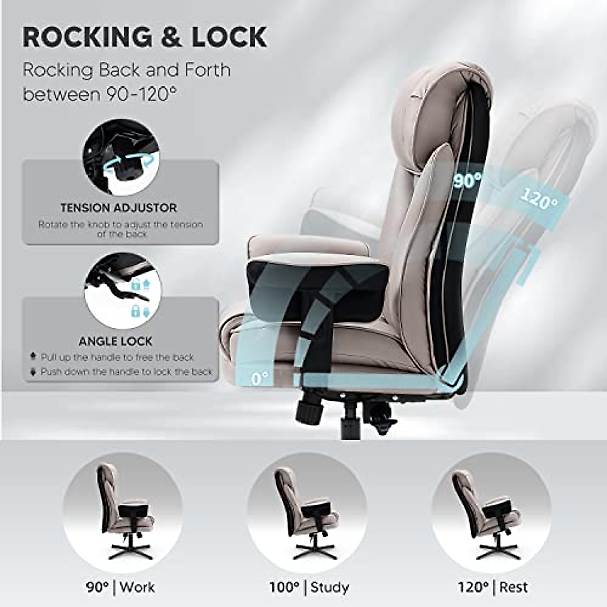 YAMASORO Big and Tall Office Chair 400lbs, Leathaire Cushy Seat and Adjustable Armrests Heavy Duty Executive Desk Chair with Wheels, Beige