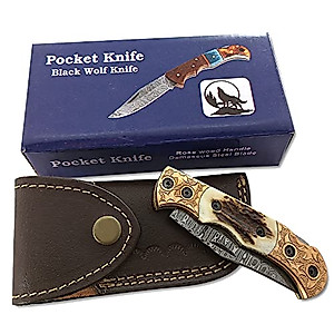 Back Lock Handmade Folding knife Pocket knife Damascus Steel Blade Back Lock Stag Horn Handle Leather Sheath BW-5160