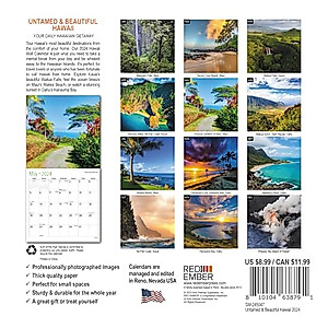 Small Spaces Mini Wall Calendar - Untamed & Beautiful Hawaii 2024 Hangable Monthly by Red Ember | Only 7" x 14" Open | Thick & Sturdy Paper | Giftable | Beach Nature Travel | Your Daily Hawaiian