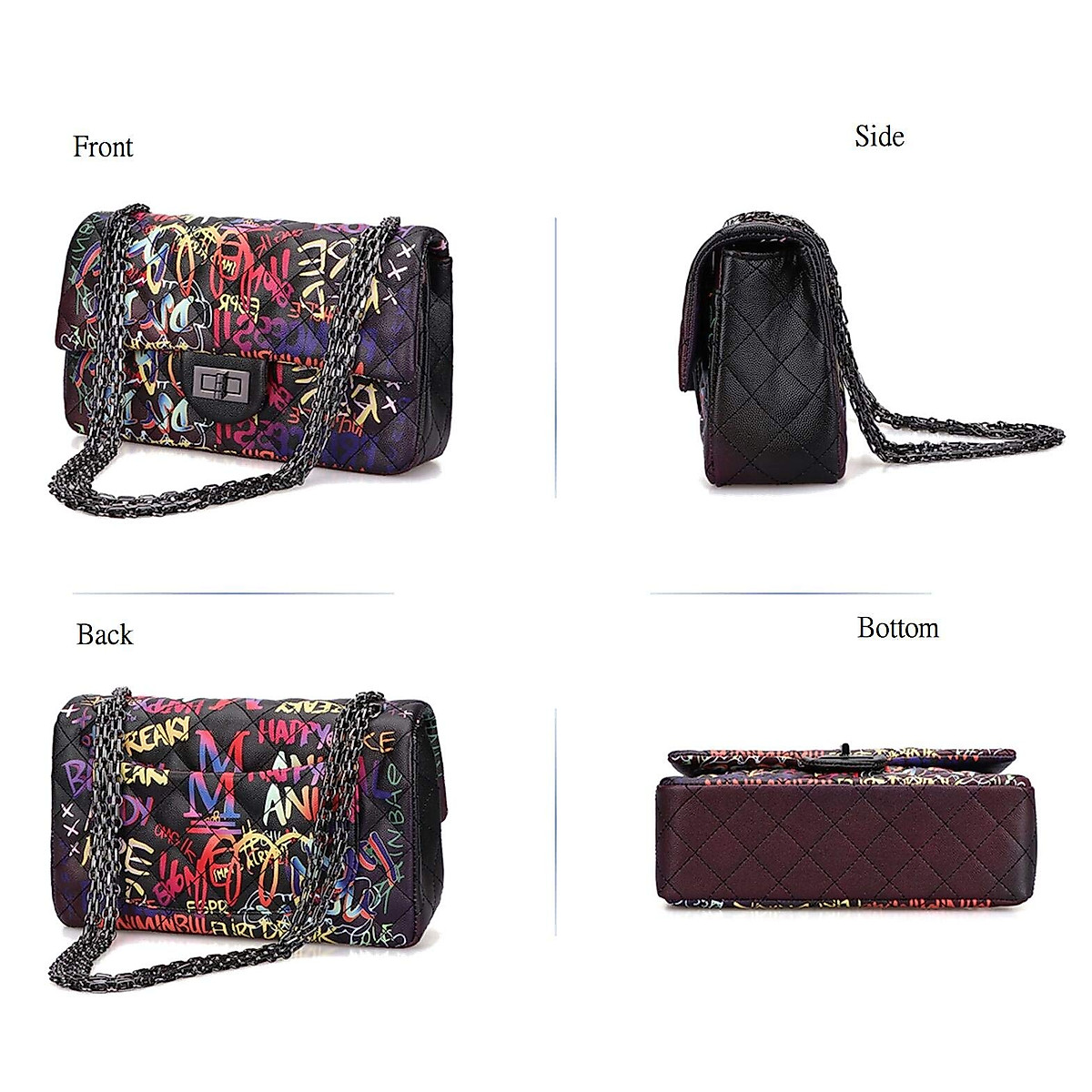 Wxnow Quilted Crossbody for Women PU Leather Shoulder Bags Purse with Chain Strap Handbags Black Graffiti