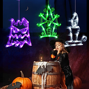 LOLStar Halloween Lights,3 Pack Ghost Tree, Haunted House, Candle Window Lights with Suction Cup, Upgrade Timer and Slowly Fade Functions Battery Operated Indoor Lights for Halloween Window Decoration