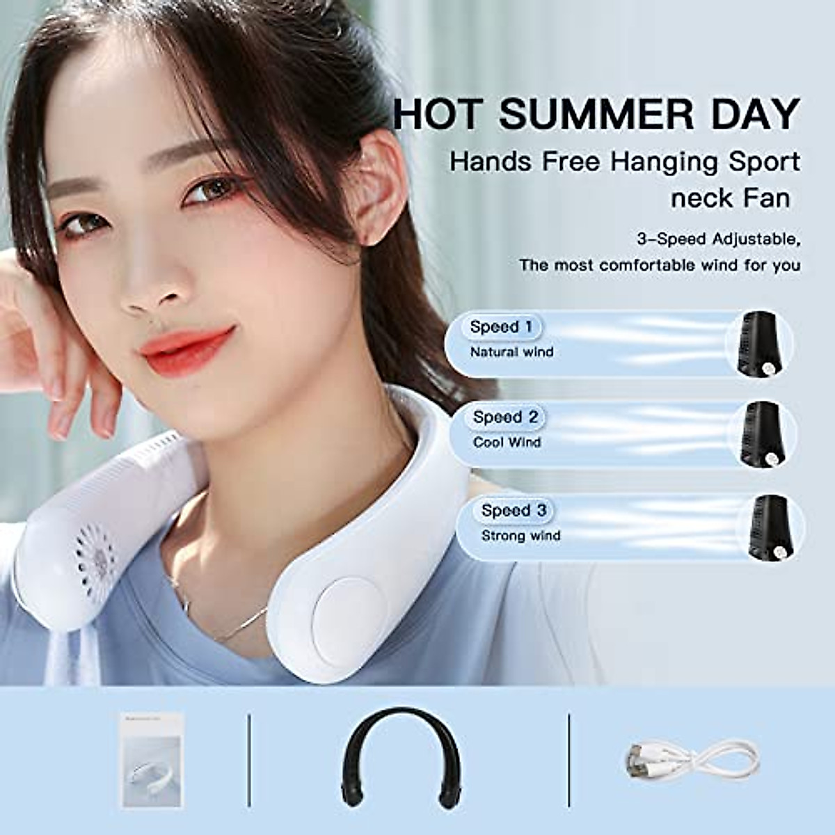 Personal fans 4000mAh remarkable goodz cool blades neck fan 360°Surround Wind blast personal fan USB rechargeable lazy fan head fan 62 air outlets Gifts Outdoor Sports construction worker Black