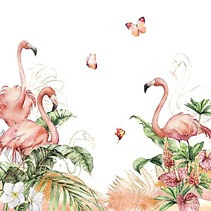RW-C328 Pink Flamingo Wall Decals Tropical Green Plants Flowers Wall Stickers DIY Removable Flamingo Floral Butterfly Tree Leaves Wall Art Decor for Kids Girls Bedroom Living Room Nursery Decoration