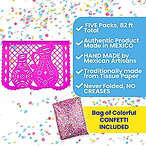 FIVE packs, 82 ft Mexican Party Banners PLUS 250 gr of Multicolor Confetti - Authentic Papel Picado - Handcrafted by Mexican Artisans - Cinco de Mayo decorations
