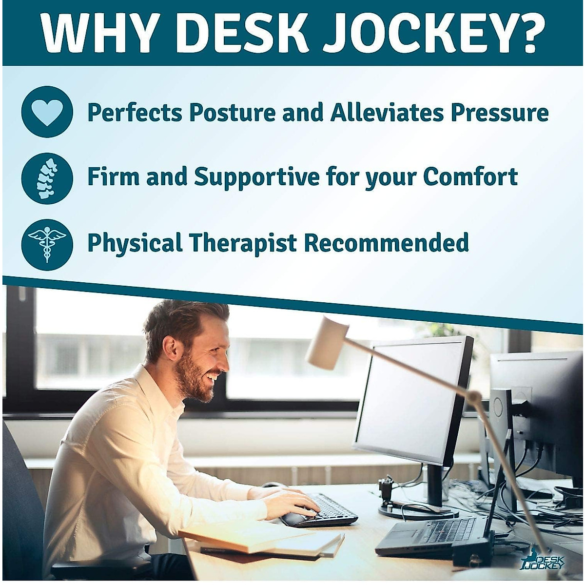 Desk Jockey Memory Foam Seat Cushion for Office Chairs, Recliners, and Wheelchairs - Posture Corrector for Sciatica Pain, Coccyx Cushion for Tailbone Pain, and Back Pain Relief