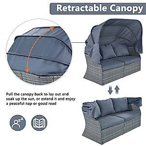 Merax Outdoor Patio Rattan Daybed Sunbed with Retractable Canopy, Sectional Conversation Sofa Set for Backyard and Porch, Grey