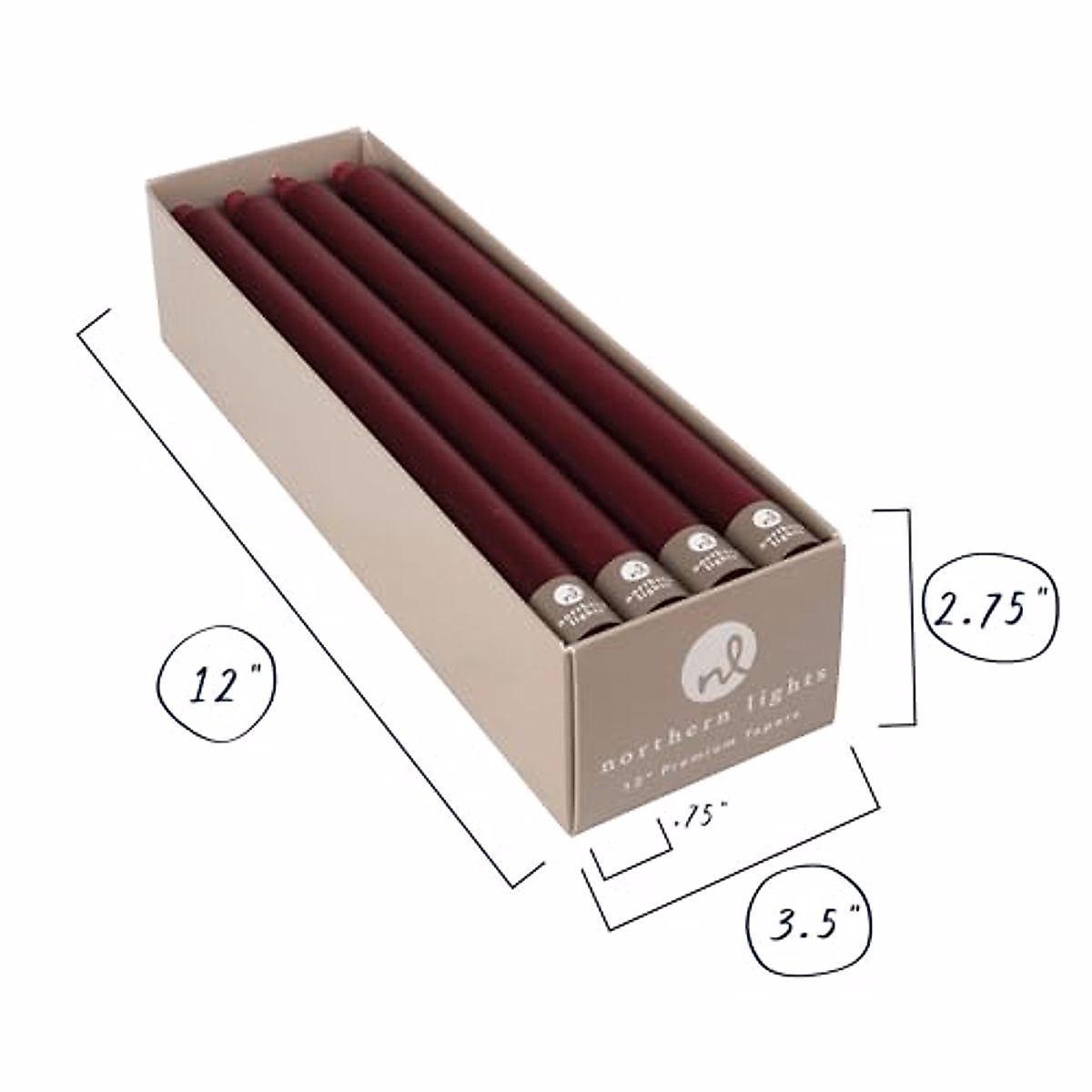 Northern Lights Candles Premium Tapers 12" 12PK - Bordeaux - 72793