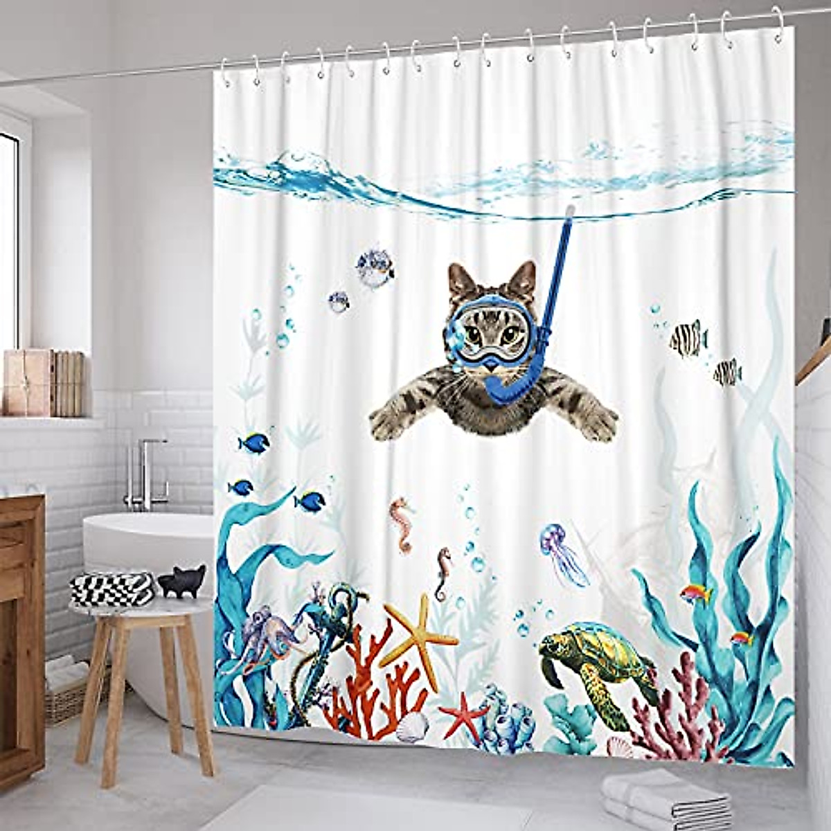 Fowocu Funny Cat Shower Curtain Set Teal Blue Sea Ocean Waterproof Fabric Shower Curtains with Animal Octopus Starfish Turtle Anchor Fish Nautical Bathroom Curtain Decor (Blue, 72''×72'')