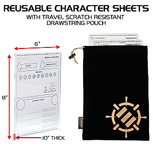ENHANCE Tabletop Acrylic Character Sheet Set - Reusable 5e Dungeons and Dragons Character Sheets (Combat, Spell, Equipment) for All DND 5e Classes - Includes 3 Pages, Dry Erase Markers, Travel Pouch