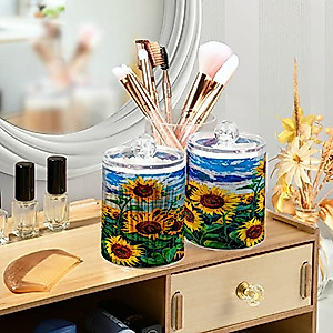 Sunflowers Fields Qtip Dispenser Apothecary Jars Spring Summer Floral Autumn Yellow Flowers Bathroom Qtip Holder Storage Canister Plastic Jar 10 Oz for Cotton Ball Swab Round Pads Floss 2pcs