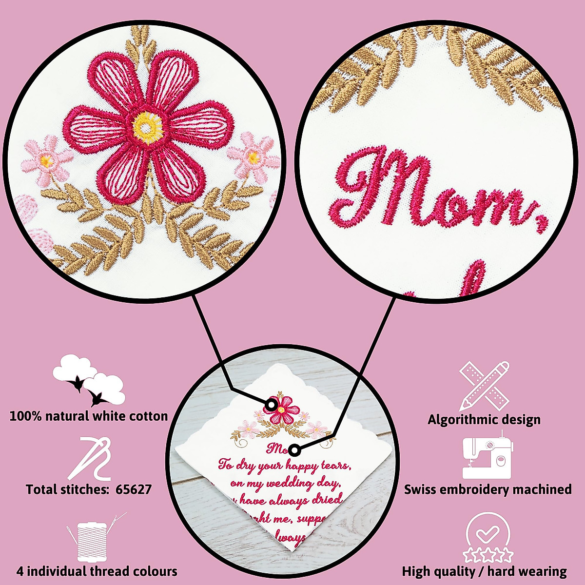 Mom Wedding Embroidered Handkerchief, Mother of the Bride Gifts for Daughter on Wedding Day, Something Old Something New Something Borrowed Something Blue Gift for Bride on Wedding Day Essentials