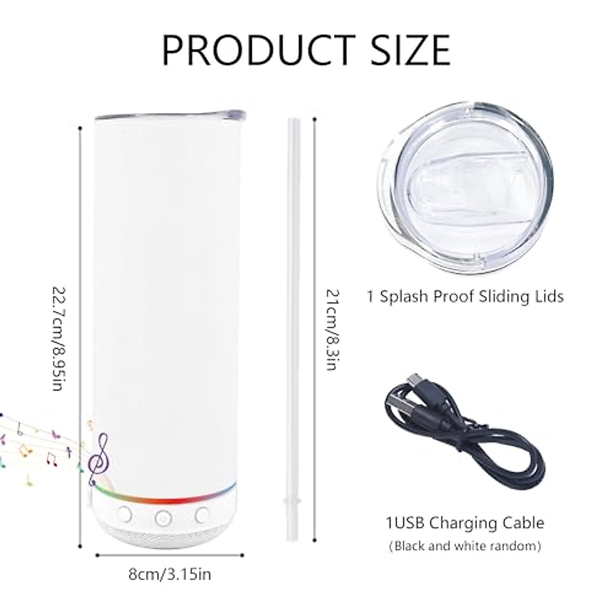 HIZEE 20 oz 1 pack Sublimation Tumbler Blank Bluetooth Music Speaker with Straw and Lid,Skinny Straight Stainless Steel Sublimation Cup Detachable Speaker Suitable for Travel Gifts