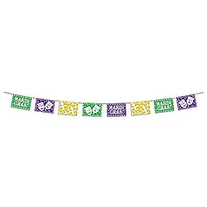 Beistle Weather Plastic Picado Style Pennant Banner Mardi Gras Photography Background Party Decorations New Orleans Hanging Décor, 8" x 12', Green/Yellow/Purple