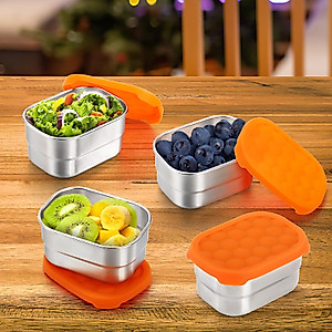 Goaste 4 Pack Stainless Steel Containers, 8 OZ Small Snack Container with Silicon Lids, Leakproof Sauce Dip Containers, Kids Lunch Box Food Container for School, Picnics, Camping Trips, Rectangle