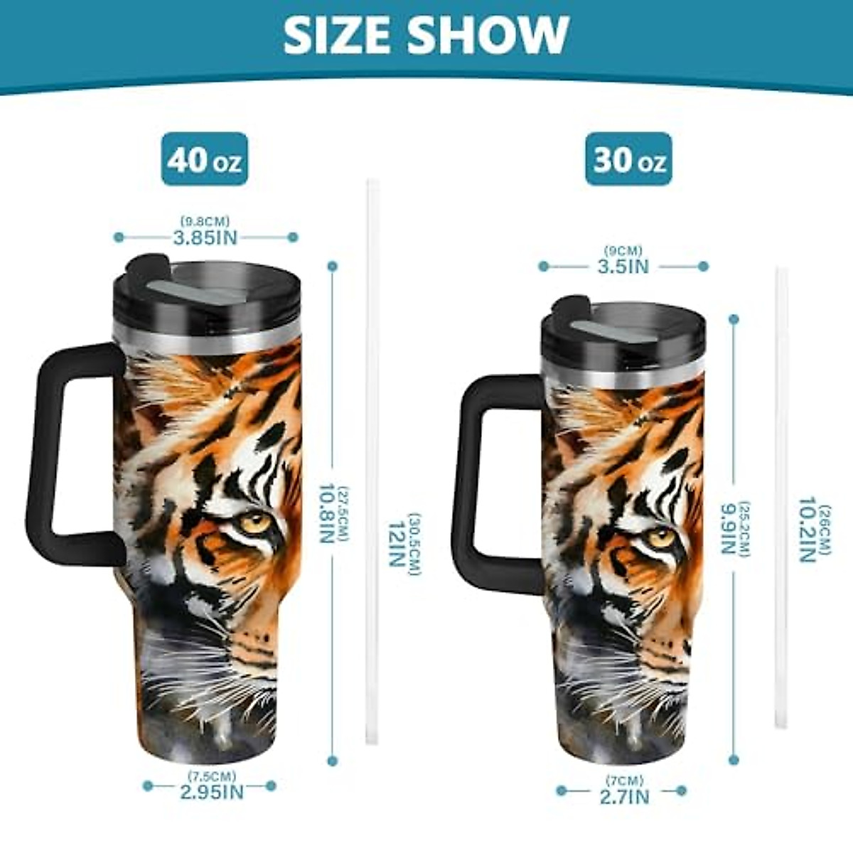 Flradish 30oz Tumbler with Handle, Watercolor Tiger Portrait Stainless Steel Tumbler with Lid and Straws Double Wall Vacuum Insulated Leakproof Coffee Travel Mug