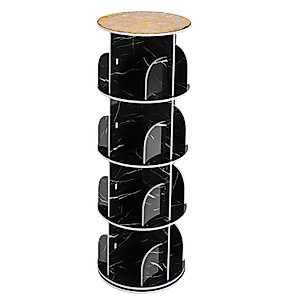 LyeXD 4 Tier Rotating Display Bookshelf,Black Marble Revolving Storage Rack, PVC Floor Standing Corner Book Shelf Spinning Small Bookcase for Entryway Bedroom Living Room