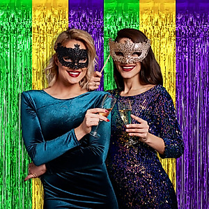 8 Pack Mardi Gras Tinsel Foil Fringe Curtain Backdrop, 3.28Ft x 8.2Ft Gold Green Purple Metallic Streamers for Photo Booth Birthday Wedding Bridal Shower Bachelorette Party Valentine's Day Decoration