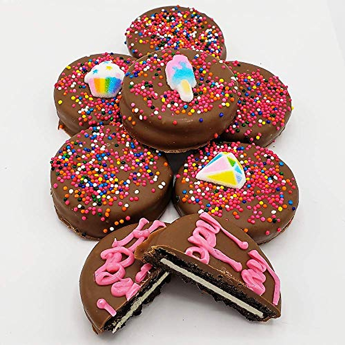 Happy Birthday Chocolate Dipped Oreo Cookies Gift | Olde Naples Hand Decorated Oreo Cookies | Gift Basket 7pc Oreo Cookies Assortment Milk Chocolate (Pink)