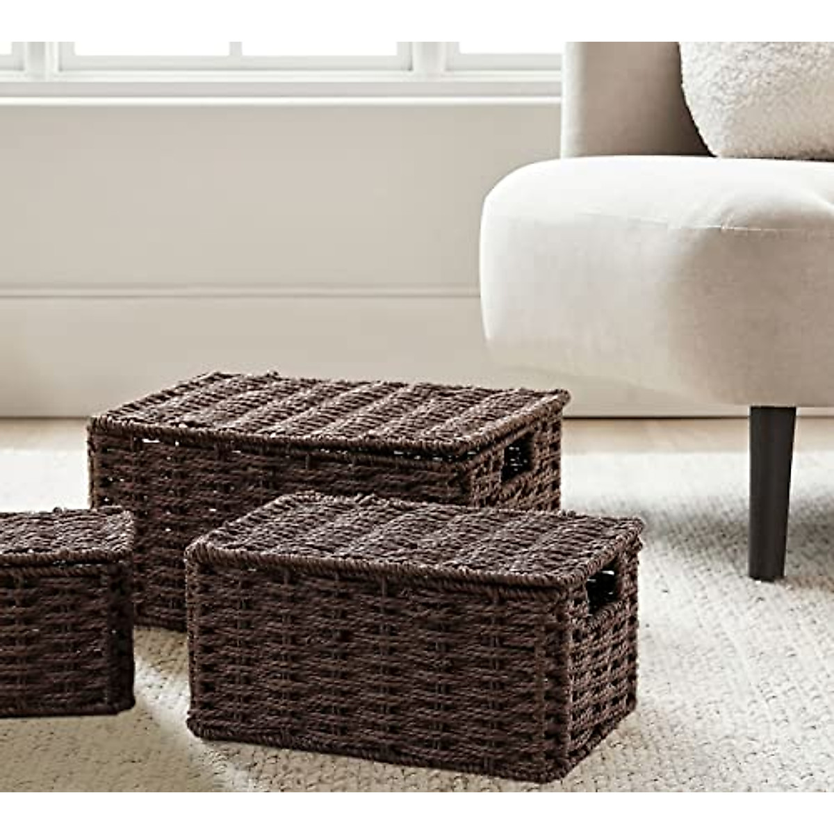 Motifeur Hand-woven Paper Rope Rectangular Baskets With Lids, Multi-purpose Stackable Utility Organizers with Built-in Handles (Set of 3, Brown)