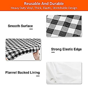 KENOBEE Picnic Table and Bench Fitted Tablecloth Cover, 3-Piece Set, Flannel Backing Elastic Edge Waterproof Wipeable Plastic Cover Vinyl Tablecloth for Home Goods Indoor Outdoor Patio, Black-White