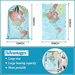 2 Pcs World Map Laundry Bag Travel Laundry Bag Polyester Heavy Duty Laundry with Drawstring Machine Washable Large Dirty Clothes Organizer Travel-size Laundry Bags for Camp Draw String Laundry Bags