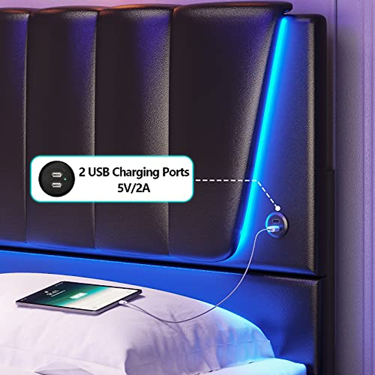 FORABAMB Full Size Bed Frame with LED Lights and USB Ports, Upholstered Platform Bed Frame with Adjustable Headboard and 4 Storage Drawers, No Box Spring Needed,Noise Free, Black