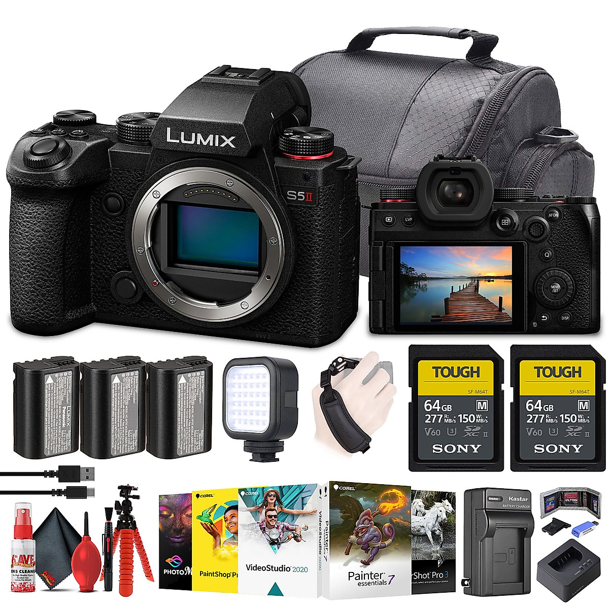 Panasonic Lumix S5 II Mirrorless Camera (DC-S5M2BODY) + 2 x 64GB Memory Card + Corel Photo Software + 2 x DMW-BLK22 Battery + Charger + LED Light + Card Reader + Case + Flex Tripod + More