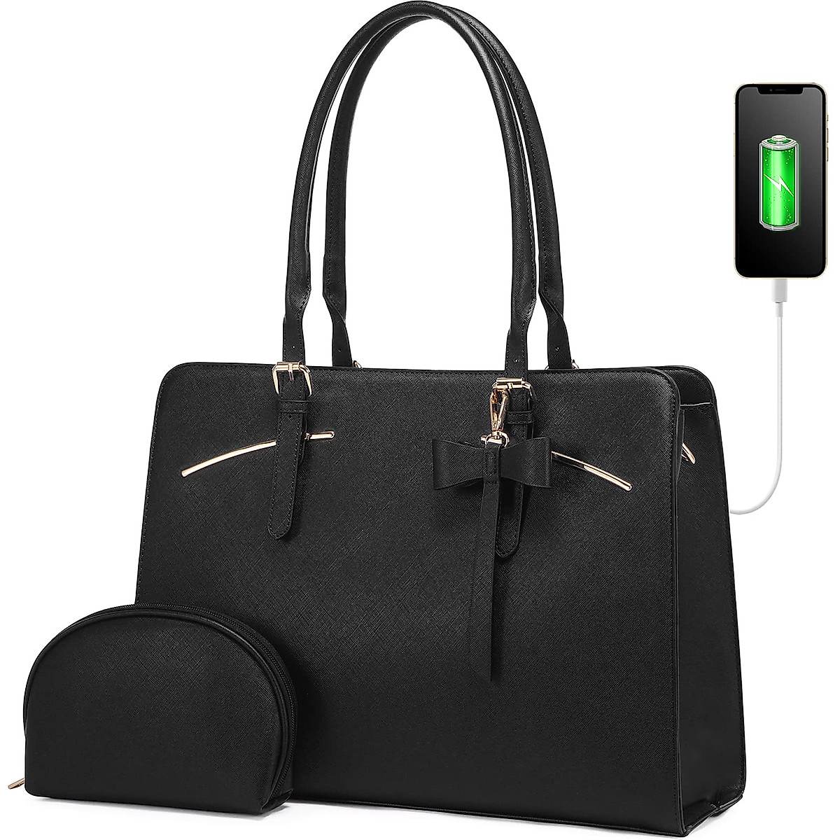 LOVEVOOK Laptop Bag for Women Work, Large Leather Laptop Tote Bag, 15.6 Inch Briefcase Purse Computer Bag with USB Charging Port, Business Office Handbag Shoulder Bag 2pcs Set, Black