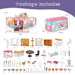 MITCIEN Dollhouse Playset, DIY Pretend Portable Caravan Camper Bus Toy Kit with Little Critters Bunny Dolls Mini Cottage House Set Camping Family Toys for Toddler 3 4 5 6 Year Old Girl