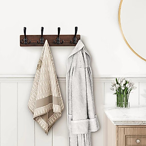 UDENIS Wall Mount Wooden Coat Rack,Coat Hanger with 4 Metal Hooks for Dog leashes Key Towel Robe Coat Entryway Bathroom Mudroom,Dark Brown