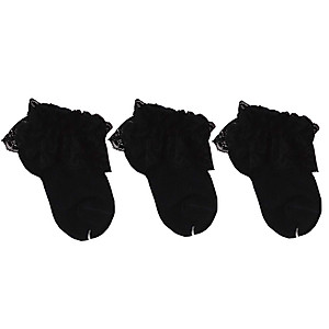 Xiyadun Toddler & Girls Eyelet Frilly Dress Socks Ruffle Lace Cotton Socks(Black-3 pairs, 8-11 Years)