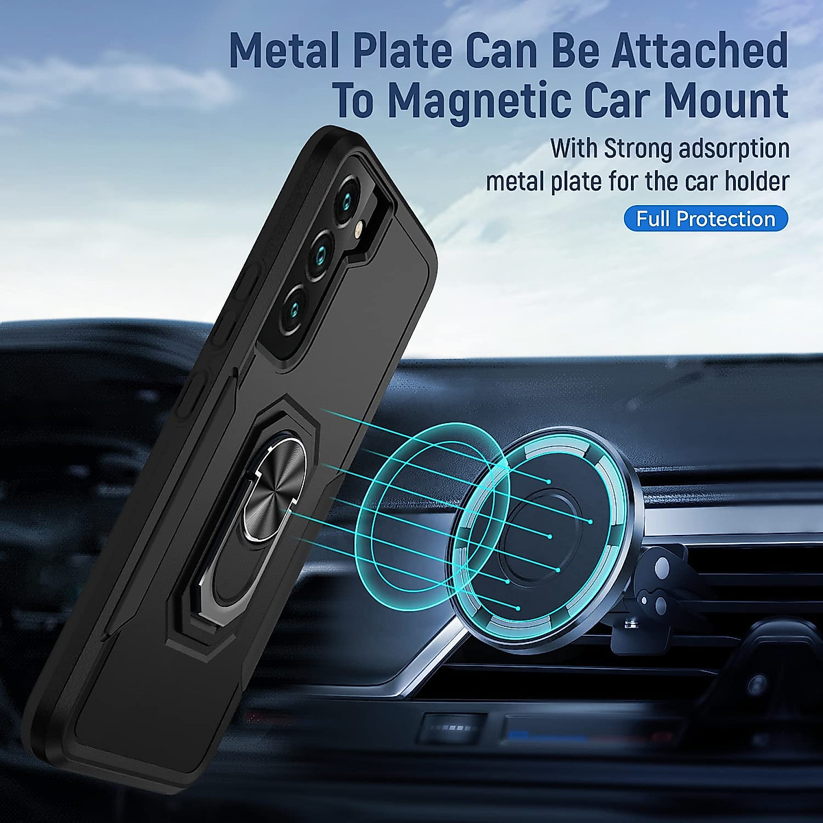 Janmitta Compatible with Samsung Galaxy S22 Case with Screen Protector[Not for S22+],Heavy Duty Shockproof Full Body Phone Cover,Built in Finger Ring Stable Kickstand,2022 Black Matte