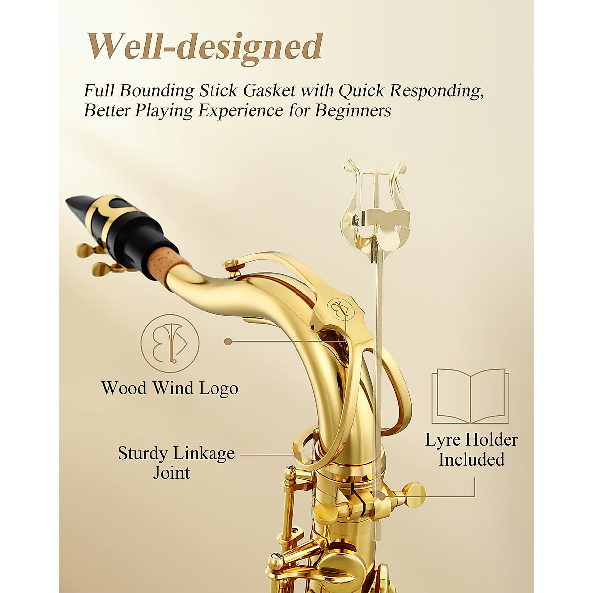 Eastar Tenor Saxophone Student Tenor Saxophone Bb Tenor Sax B Flat Gold Lacquer Beginner Saxophone With Cleaning Cloth,Carrying Case,Mouthpiece,Neck Strap, Reeds, Full Kit, TS-Ⅱ