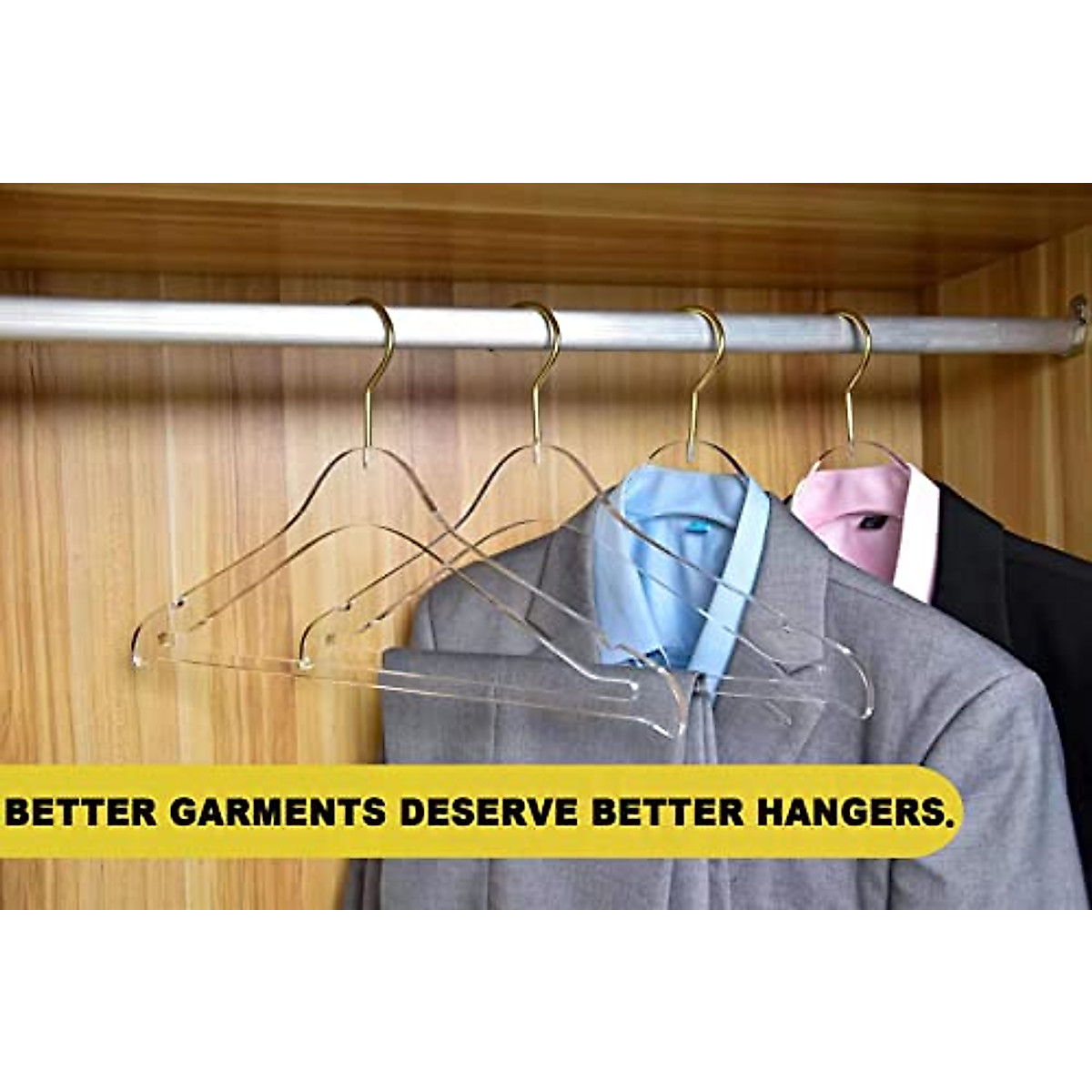 Acrylic Clear Suit Hangers, high-end Quality Clothes Hangers with Non Slip Pants bar Gold Swivel Hook for Luxurious Closets (Gold Suit 5 Pack)