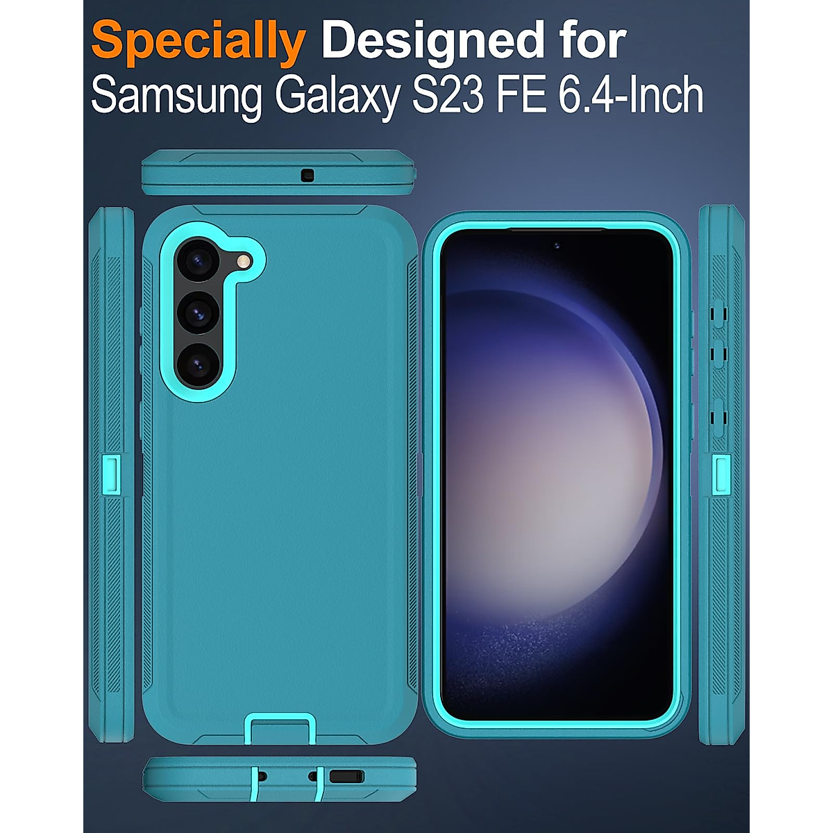 Aliruke for Samsung Galaxy S23-FE Case, with Screen Protector, Dust-Proof Port Cover, Full-Body Silicone Rubber Covered, Military Grade Drop-Proof Shockproof Phone Case for S23 FE 5G, Mint/Teal