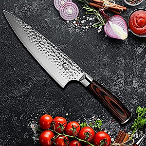 imarku Damascus Chef Knife, 8 inch Kitchen Knife Premium Sharp Cooking Knife HC German Stainless Steel Japanese Knife for Home Kitchen and Restaurant, Hand-Hammered, Ergonomic Handle, Gift Box
