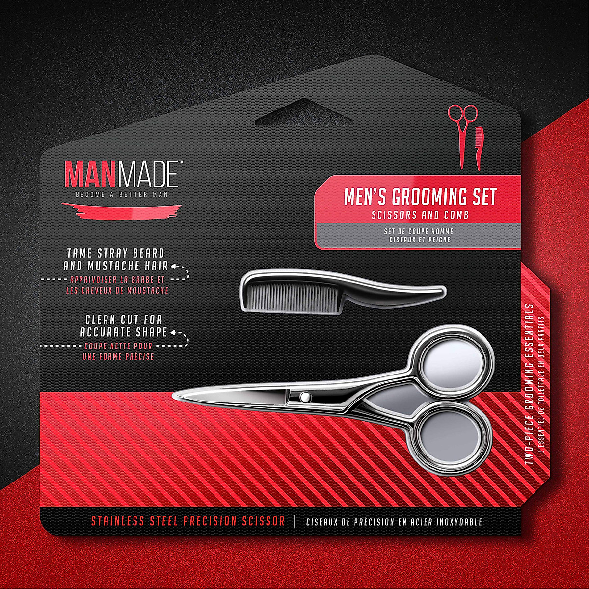 ManMade: Men's Grooming Set Mustache and Beard Scissors + Free Comb, Two-Piece Grooming Essentials, Stainless Steel Facial Hair Scissors for Men (Red)