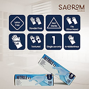 Nitrile 4.5 Gloves, Size XS, 100 Glove Pack, Latex Free, Powder Free, Blue Textured Gloves, Ambidextrous Heavy Duty Rubber Gloves with Beaded Cuffs, Single Use