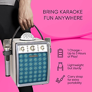 MASINGO 2023 Karaoke Machine for Adults & Kids with 2 Wireless Microphones - Portable Singing PA Speaker System Set w/Two Bluetooth Mics, Disco Ball Party Lights & TV Cable - Ostinato M7