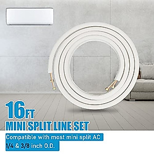 Air Jade 16 Ft. Mini Split Line Set, 1/4 & 3/8 inch O.D. & 3/8" PE Thickened Insulated Coil Copper Pipes with Fittings, for Ductless Mini Split Air Conditioning, Heat Pump Systems