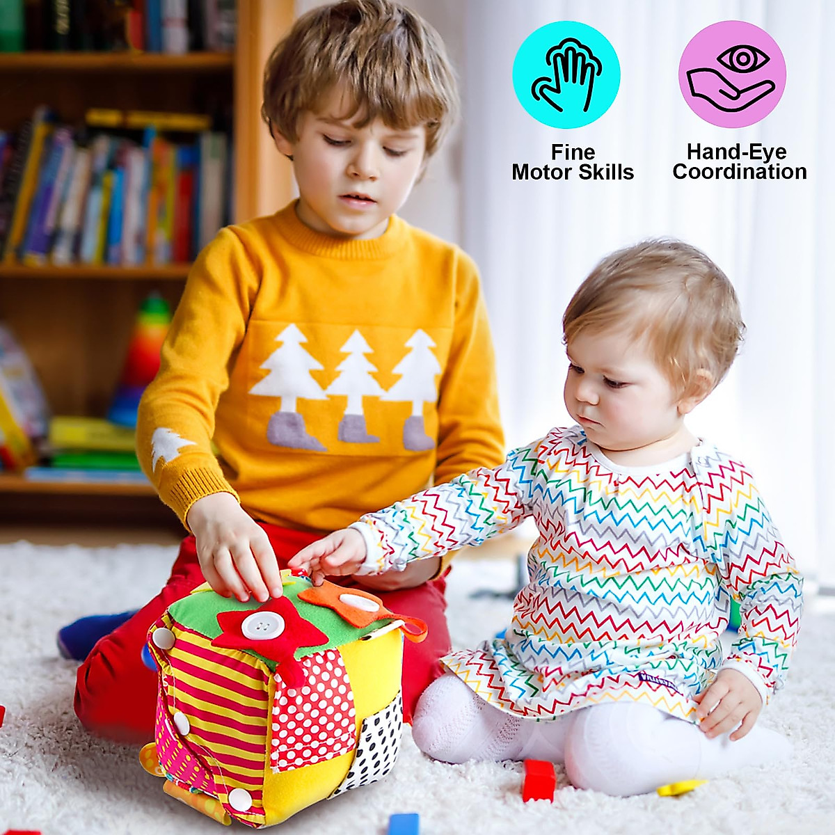 KAKIBLIN Cubic Activity Learning Toy with Zippers, Latches, Buckles, Laces, Snaps, Buttons and More - Perfect for Toddlers at Home, on Airplanes, Cars or Travel
