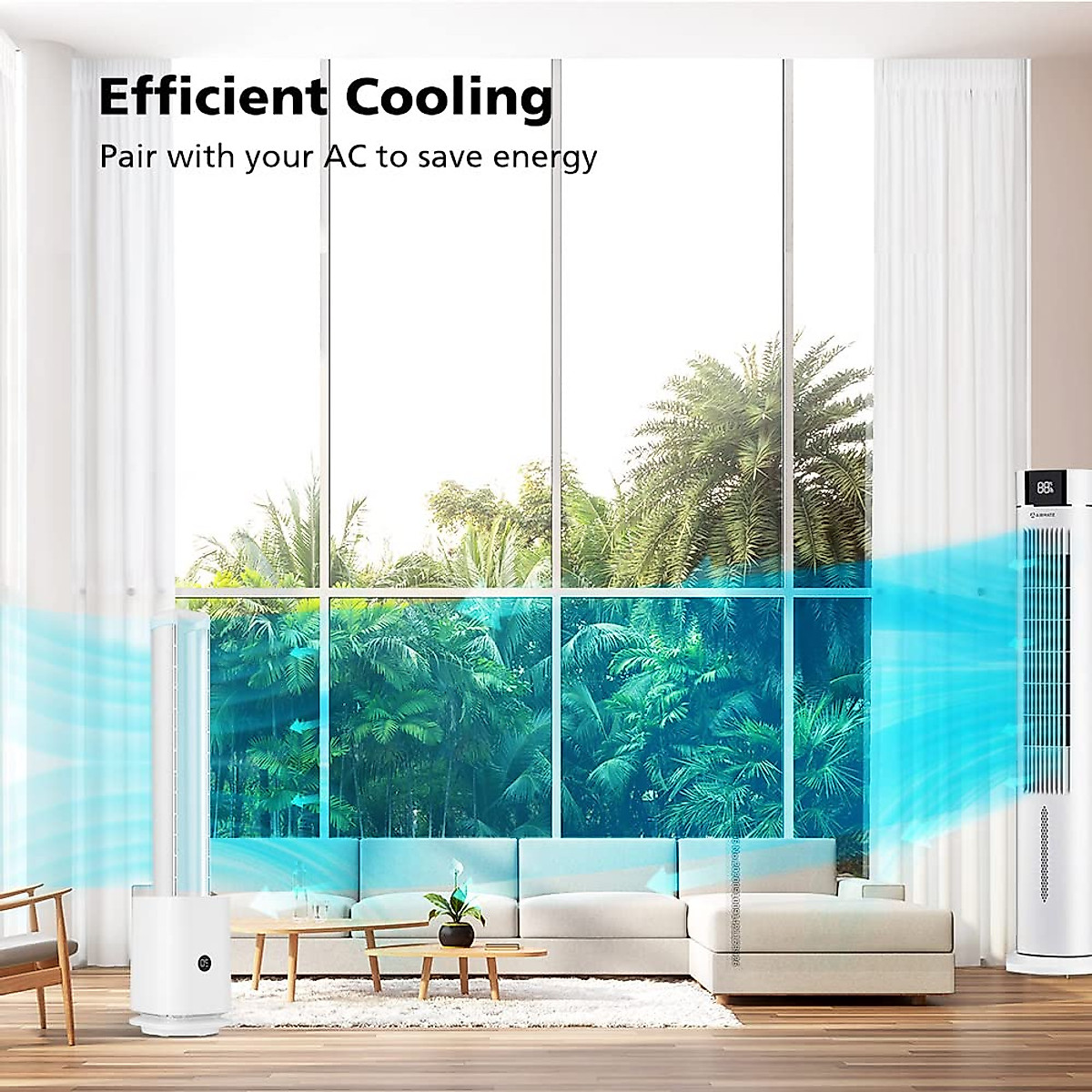 ULTTY Bladeless Tower Fan and Air Purifier in one, Bedroom Fan with HEPA Filter Smoke Dust Pollen Dander, 42.5" Oscillating Tower Fan with Remote, Touch, 8H Timer, White