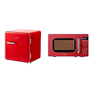 COMFEE' 1.6 Cubic Feet Solo Series Retro Refrigerator Sleek Appearance HIPS Interior, Energy Saving, Adjustable Legs & Retro Small Microwave Oven With Compact Size, 9 Preset Menus, Position-Memory