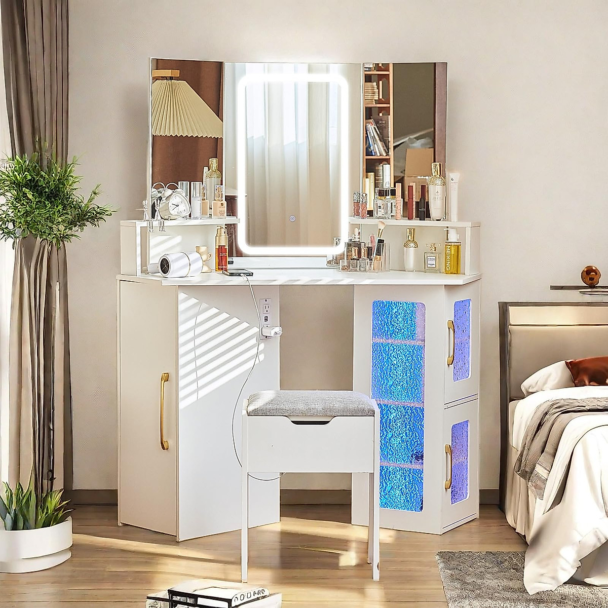 JanflyHome Vanity Desk, 57" Makeup Vanity Desk with Mirror and Lights, White Vanity Set with Charging Station & RGB Cabinets, Vanity Table with Storage Stool, Corner Vanity Desk for Girls Bedroom……