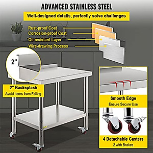 VEVOR Stainless Steel Prep Table, 24 x 15 x 35 Inch, 440lbs Load Capacity Heavy Duty Metal Worktable with Backsplash Adjustable Undershelf & 4 Casters, Commercial Workstation for Kitchen Restaurant