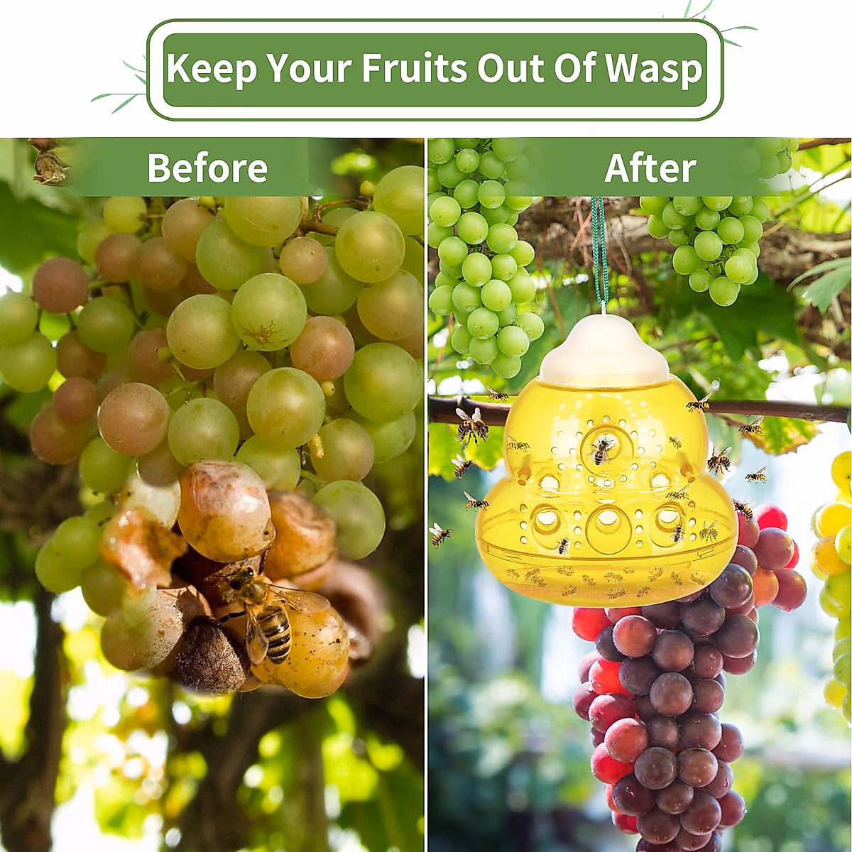 Wasp Trap for Outdoors, Effective Yellow Jacket and Hornet Catcher, Non-Toxic Reusable Hanging Bee Trap, Durable Outdoor Insect Killer - Yellow, 2 Pack