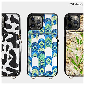iPhone 12 Pro Max Crossbody Wallet Case, ZVEdeng iPhone 12 Pro Max Card Holder Case Crossbody Chain Strap for Women Zipper Purse Protective Leather Case for iPhone 12 Pro Max 6.7'' Peacock Print Skin