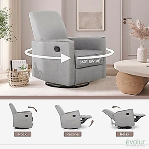 Evolur Raleigh Glider in Light Grey, Upholstered Plush Seating 360° Swivel Glider Rocking Chair, FSC Certified, Greenguard Gold & JPMA Certified Nursery Glider Recliner